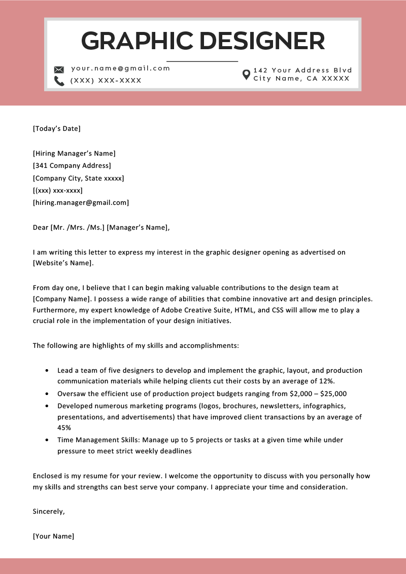 Download Free Graphic Designer Cover Letter Example Graphic Designer 