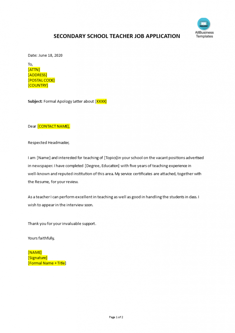 Download Free Job Application Letter For Secondary School Teacher .Docx ...