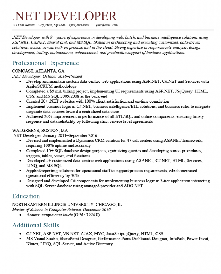 Download Free .NET Developer Resume > .NET Developer Resume .Docx (Word ...