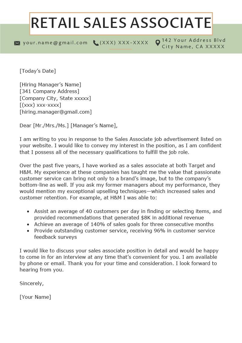 Download Free Retail Sales Associate Cover Letter Example Retail Sales Associate Cover Letter 