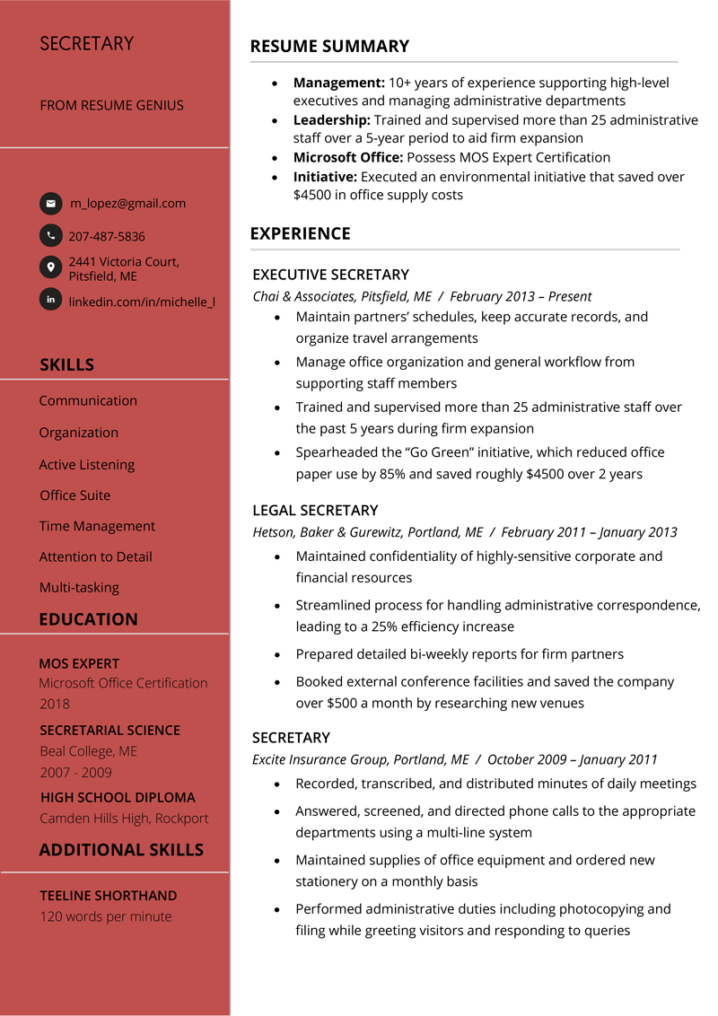 Secretary Resume