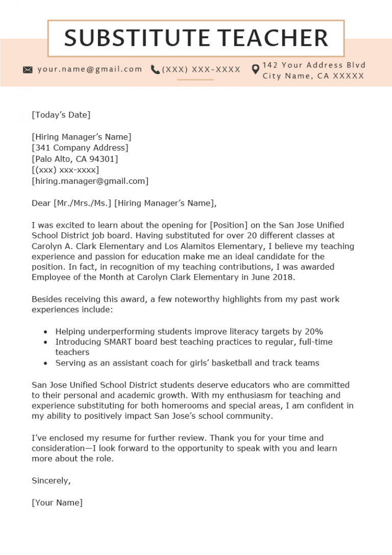 Download Free Substitute Teacher Cover Letter Example Docx Word