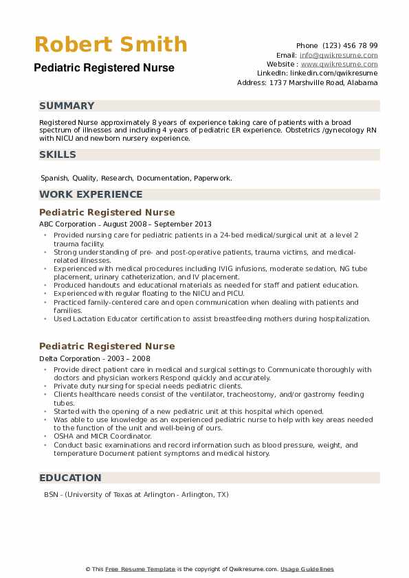 Download Free Pediatric Registered Nurse Resume9 Docx Word Template 