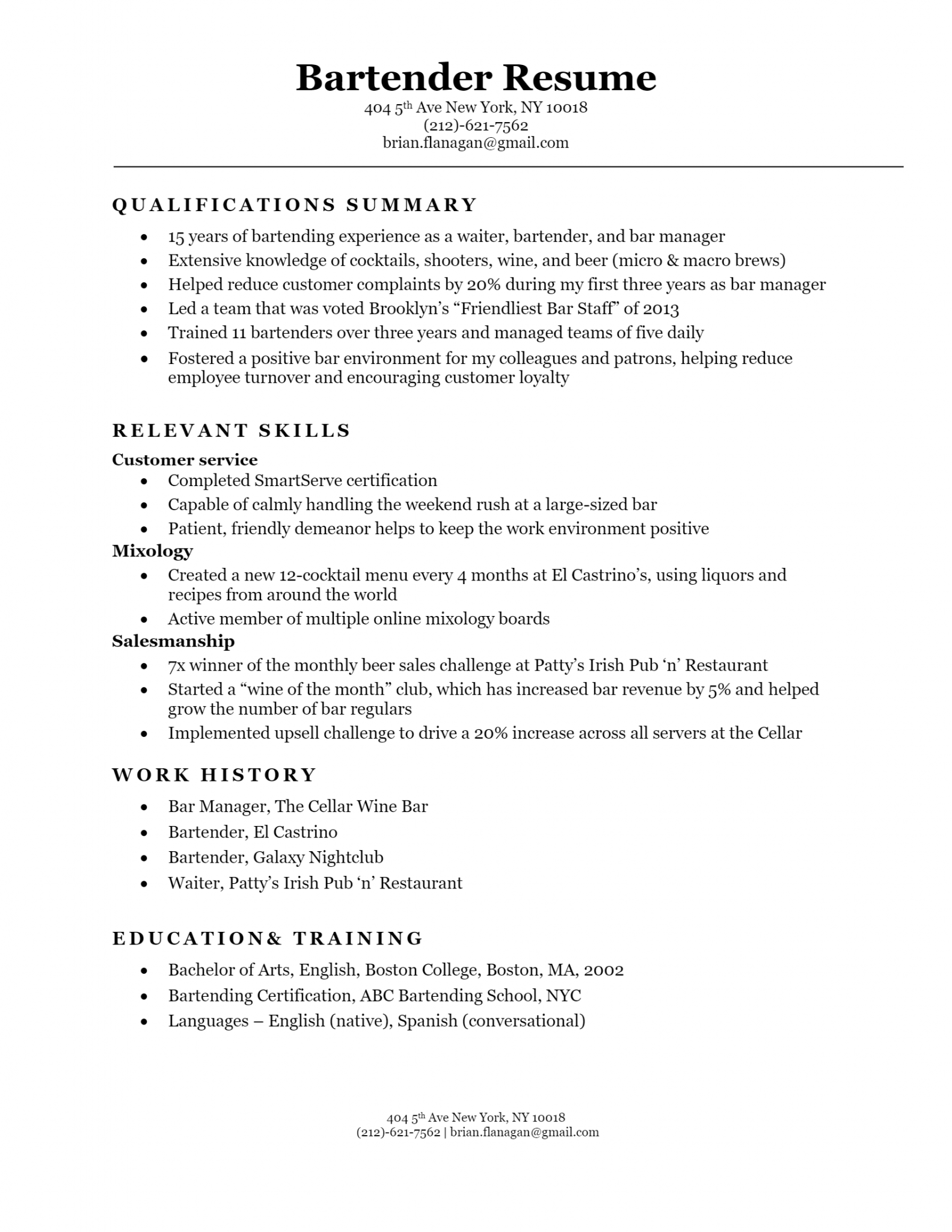 Download Free Bartender Resume .Docx (Word) Template on ResumeThatWorks.com