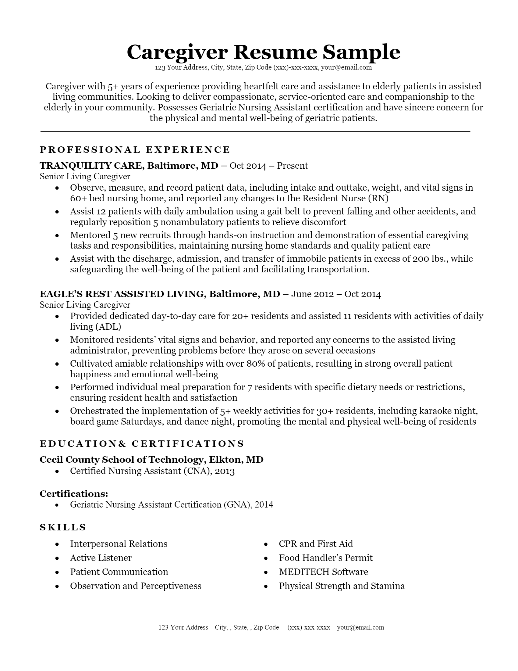 Download Free Caregiver Resume Docx Word Template On ResumeThatWorks