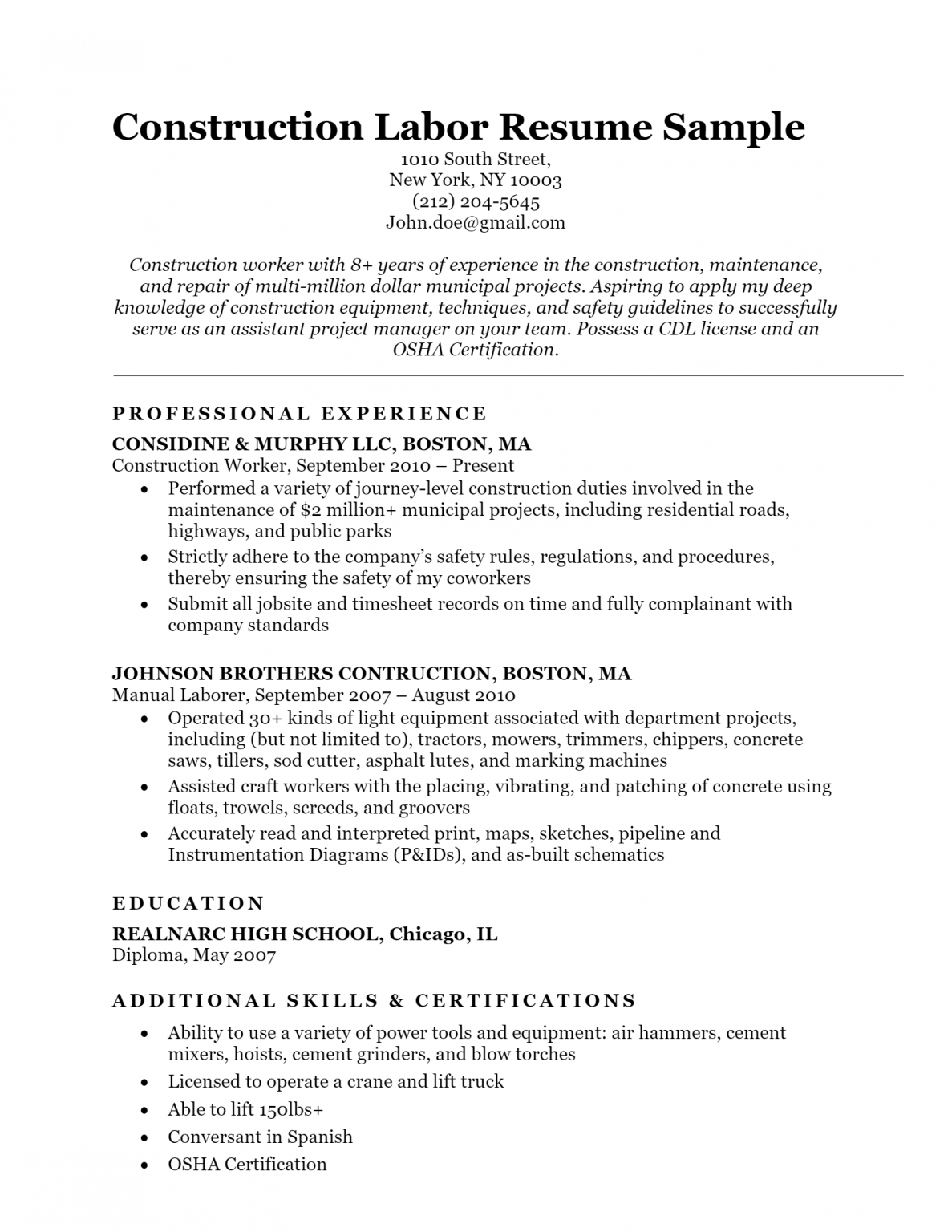 Download Free Construction Worker Resume .Docx (Word) Template on ...