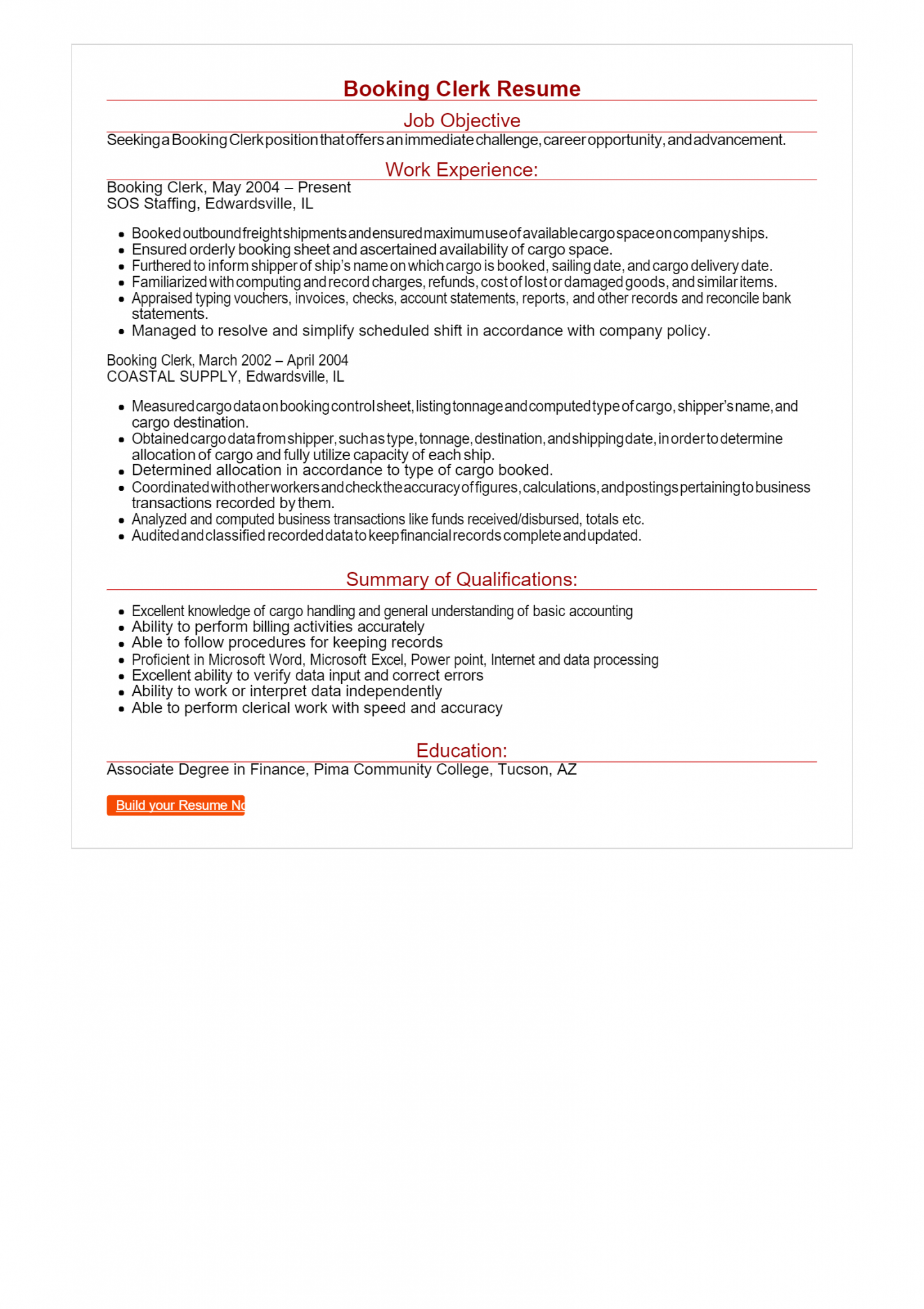 Download Free Booking Clerk .Docx (Word) Template on ResumeThatWorks.com
