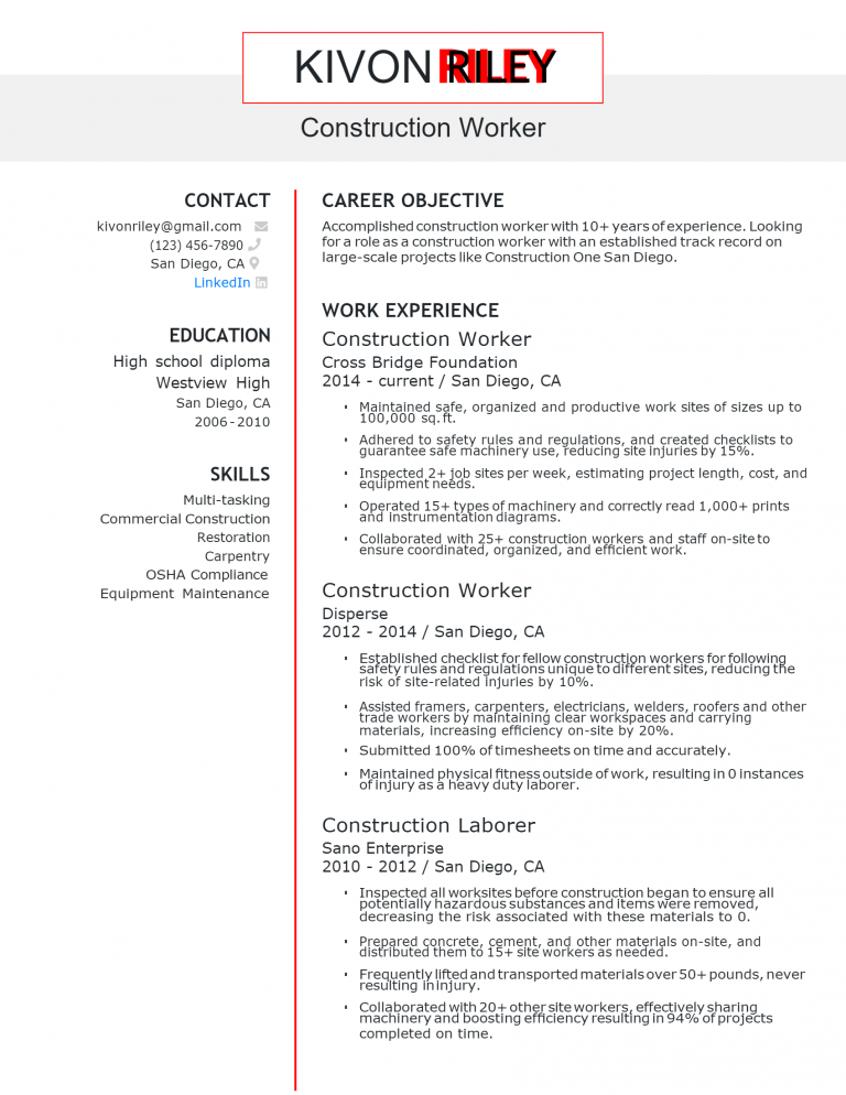 Download Free Construction Worker Resume .Docx (Word) Template on ...
