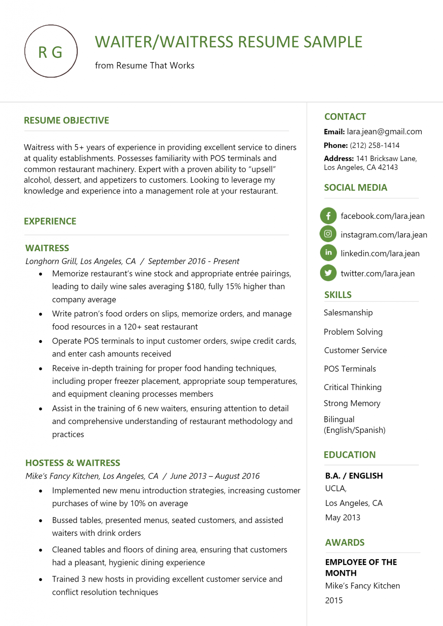 Download Free Waiter Resume .Docx (Word) Template on ResumeThatWorks.com
