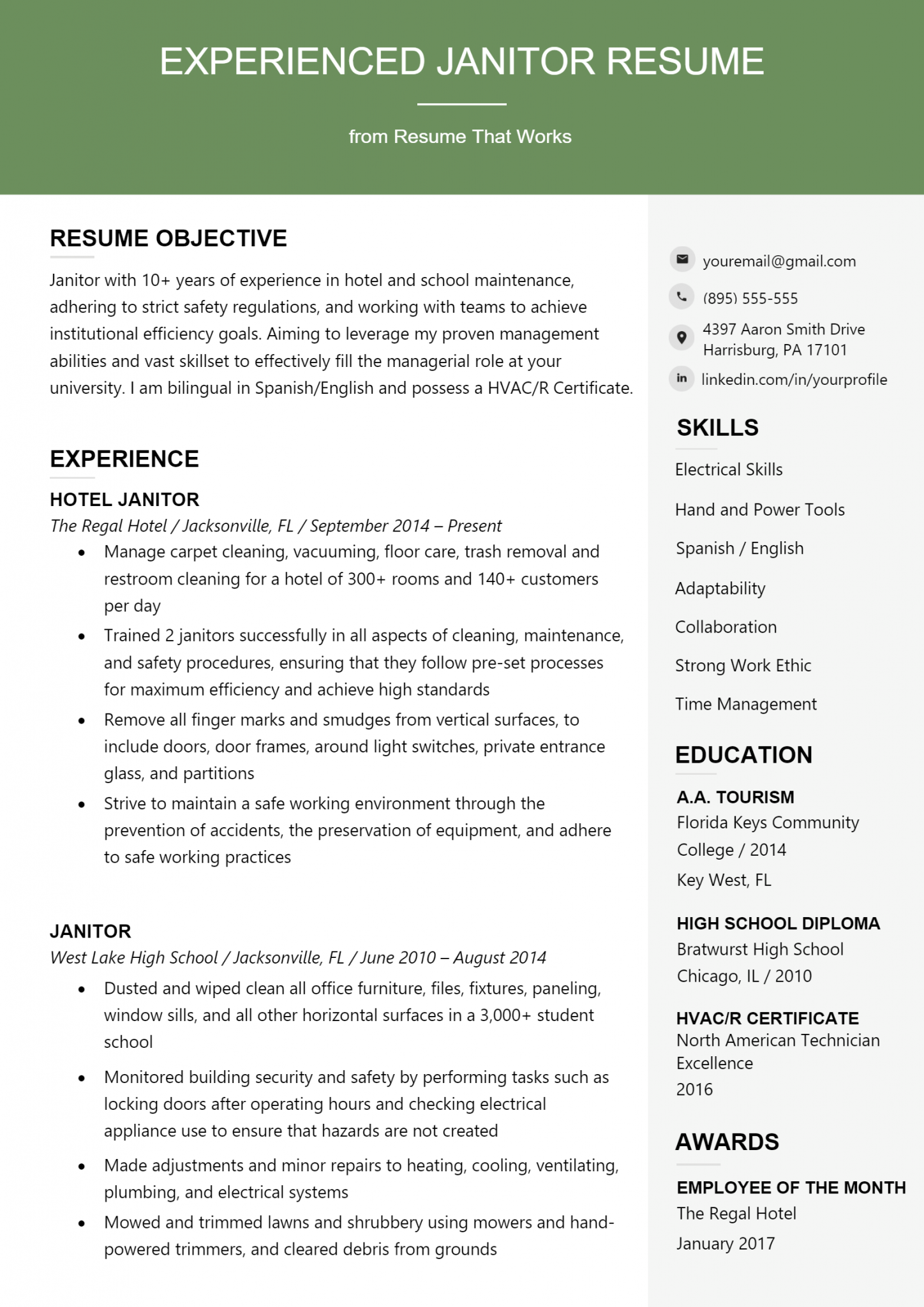 Download Free Janitor Resume .Docx (Word) Template on ResumeThatWorks.com
