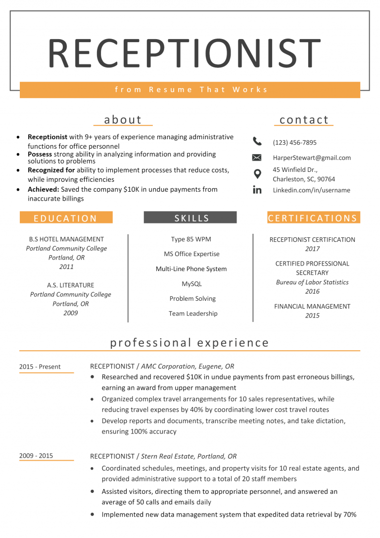 Download Free Receptionist Resume .docx (word) Template On