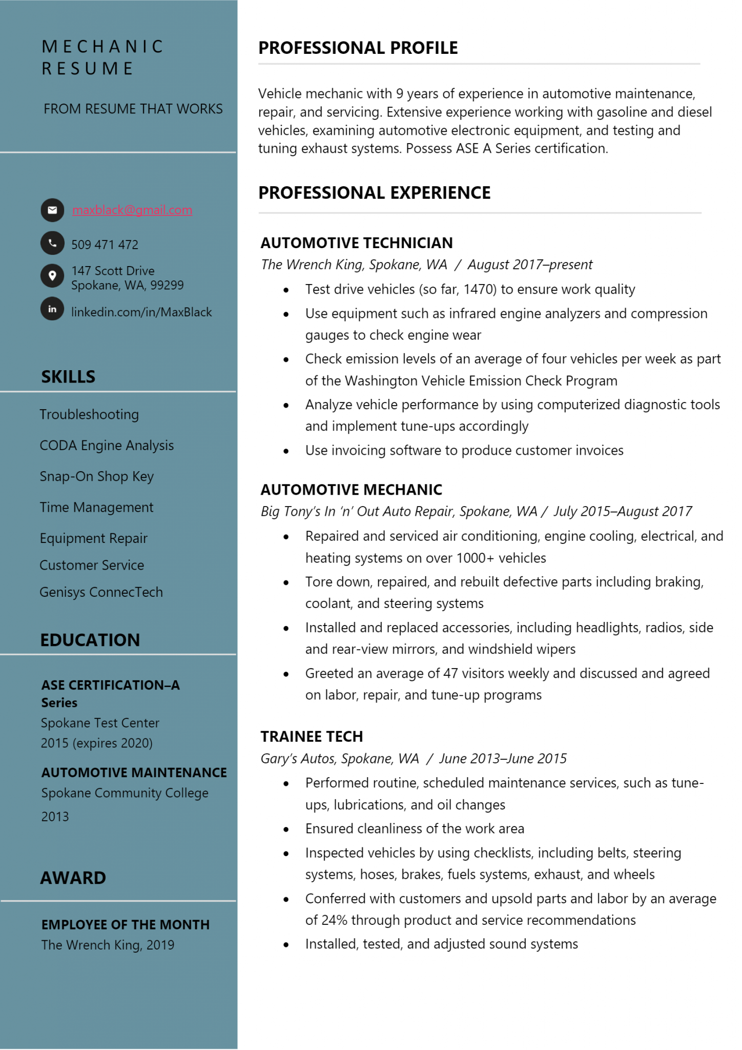 Download Free Mechanic Resume .Docx (Word) Template on ResumeThatWorks.com