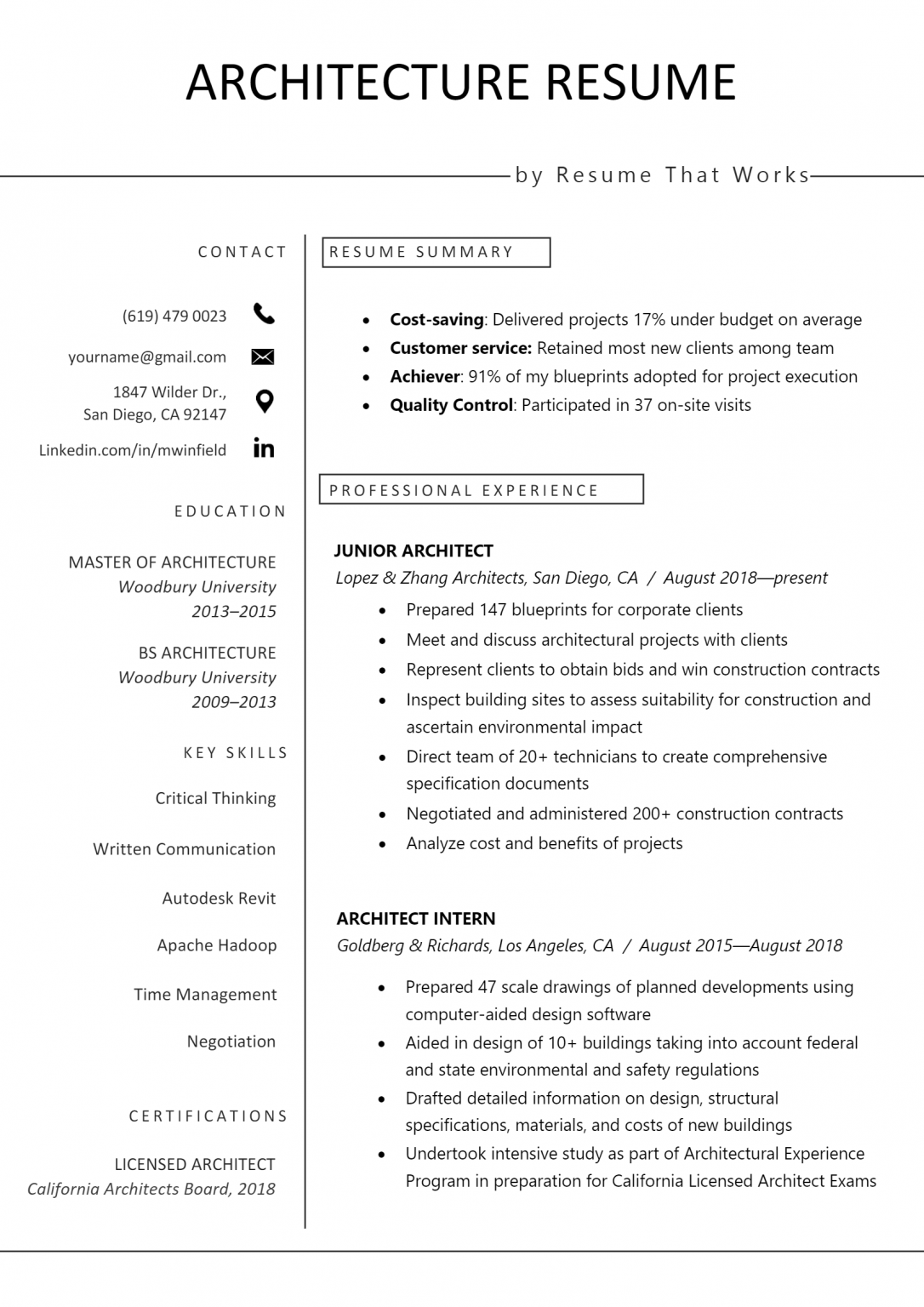 Download Free Architect Resume .Docx (Word) Template on ResumeThatWorks.com