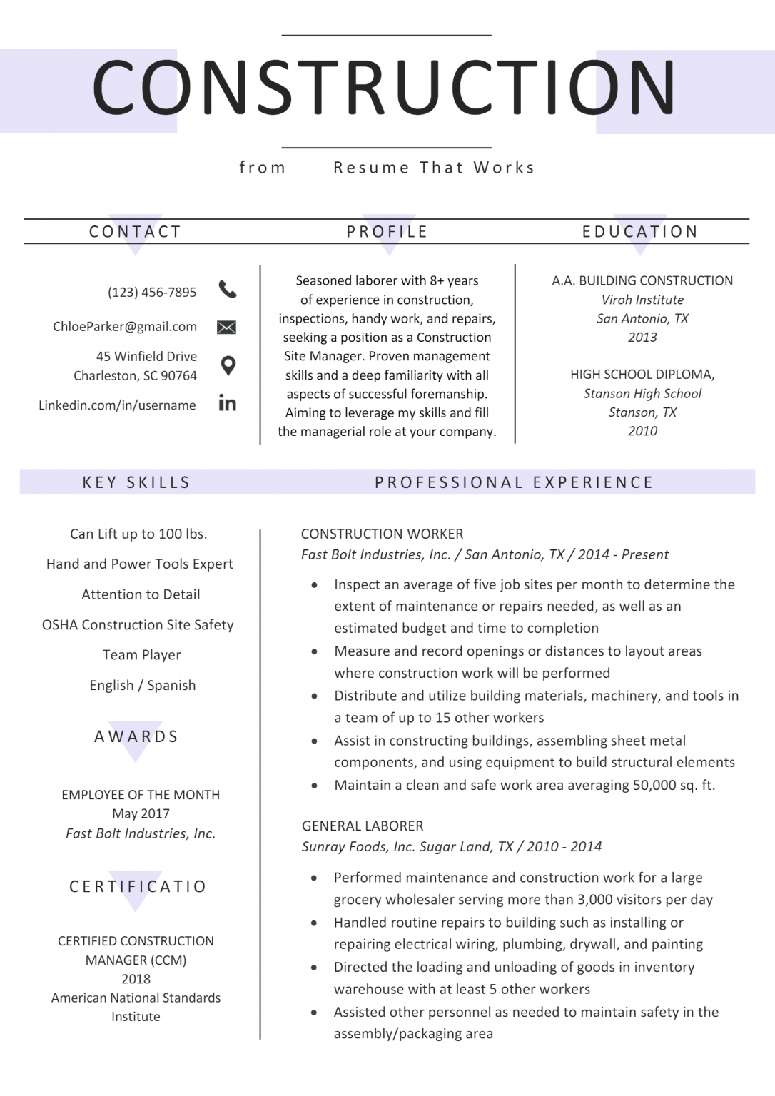 Download Free Construction Worker Resume .Docx (Word) Template on ...