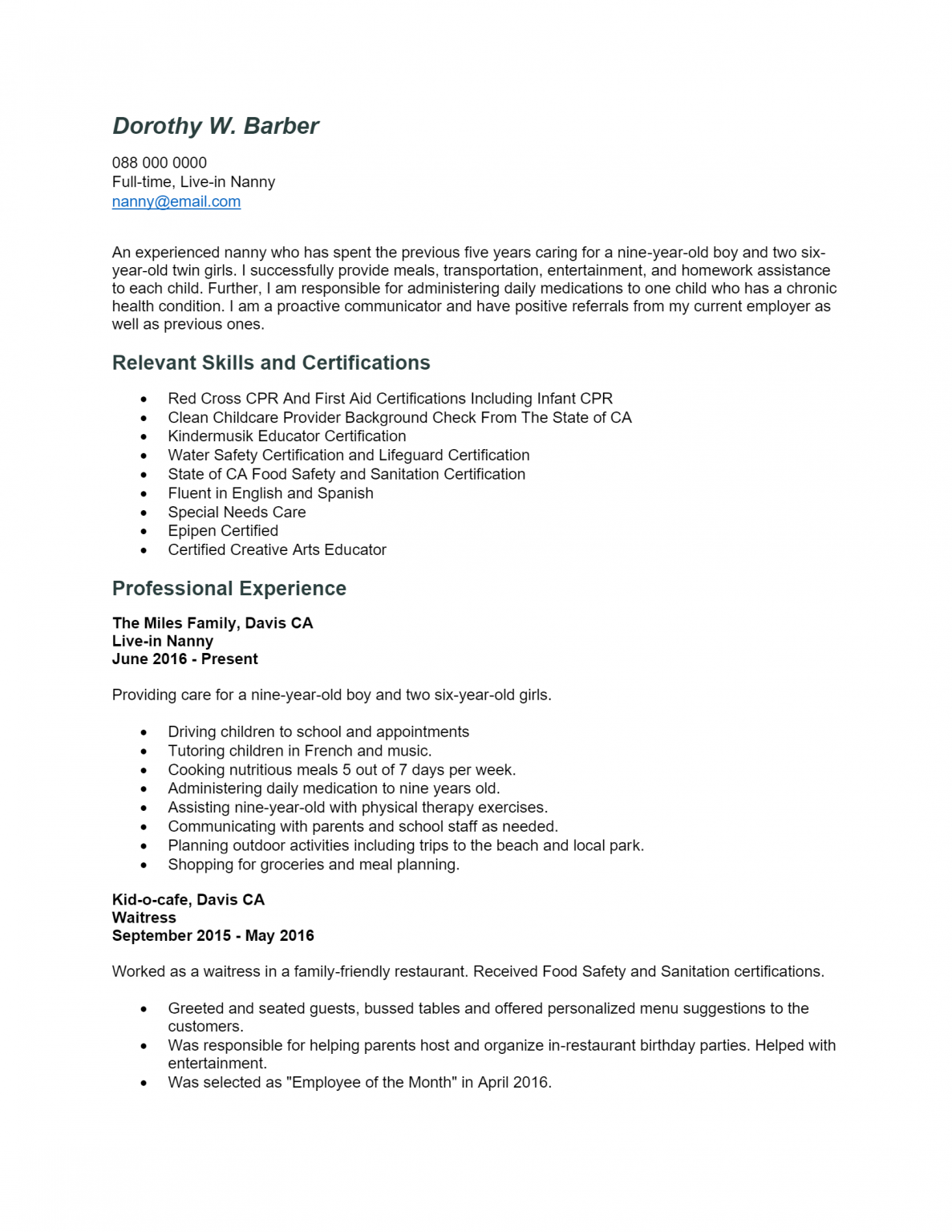 Download Free Nanny Resume .Docx (Word) Template on ResumeThatWorks.com