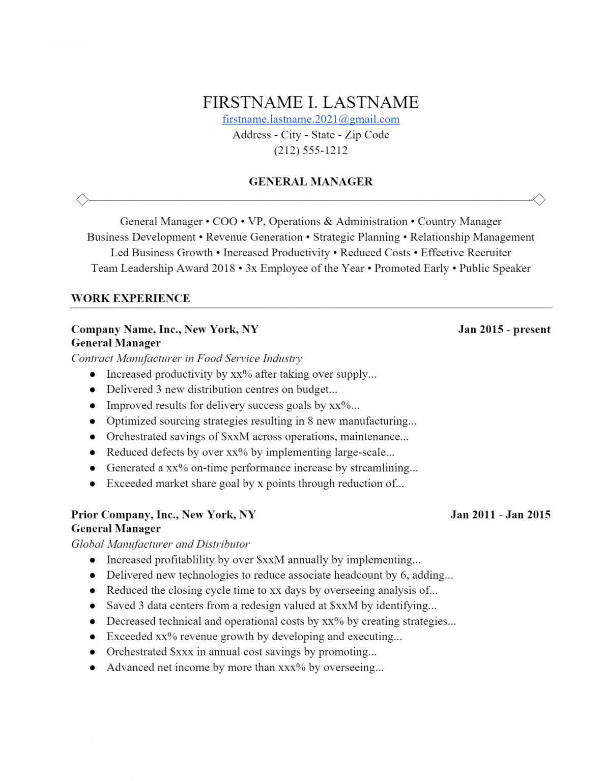 Download Free General Manager Resume .Docx (Word) Template on ...