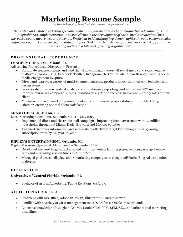 Download Free Marketing Resume .Docx (Word) Template on ResumeThatWorks.com