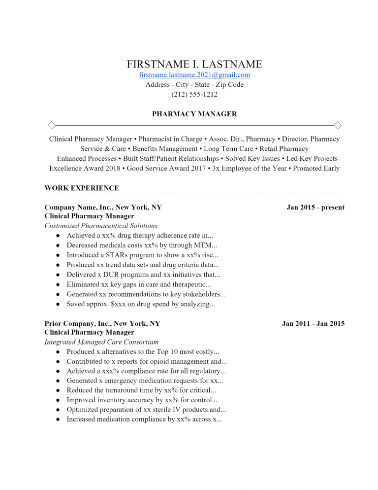 Publix Pharmacist Sample Resume