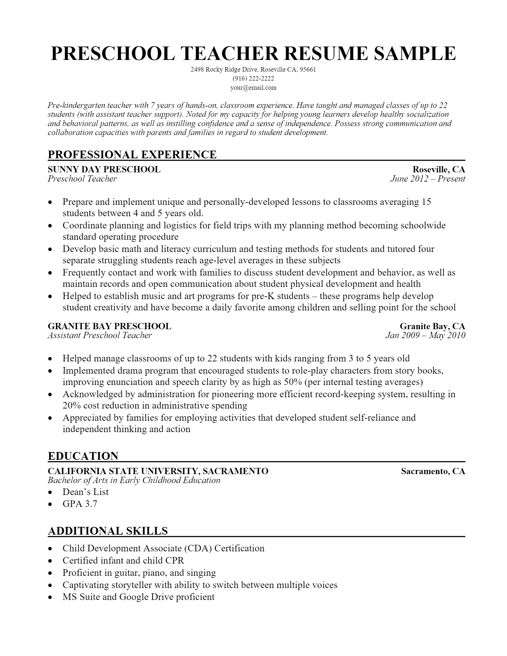 Download Free Preschool Teacher Resume Docx Word Template On 