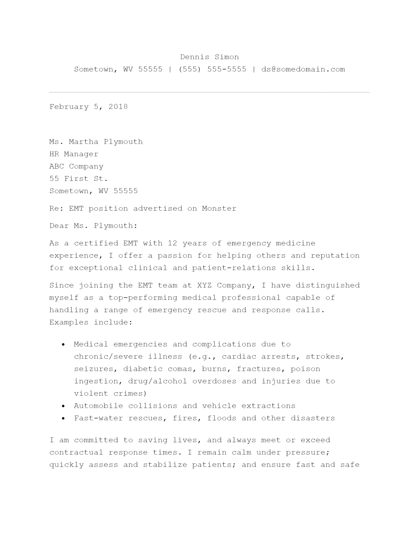 Free EMT Cover Letter Template & Example on ResumeThatWorks.com