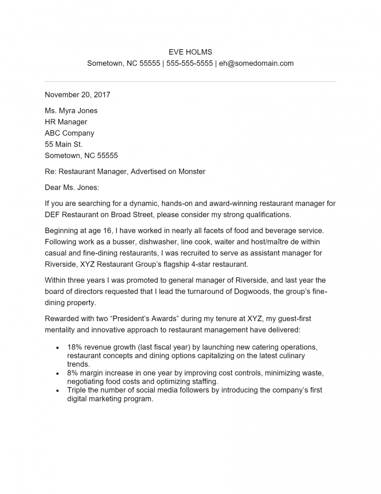 Free Restaurant Manager Cover Letter Template & Example on ...