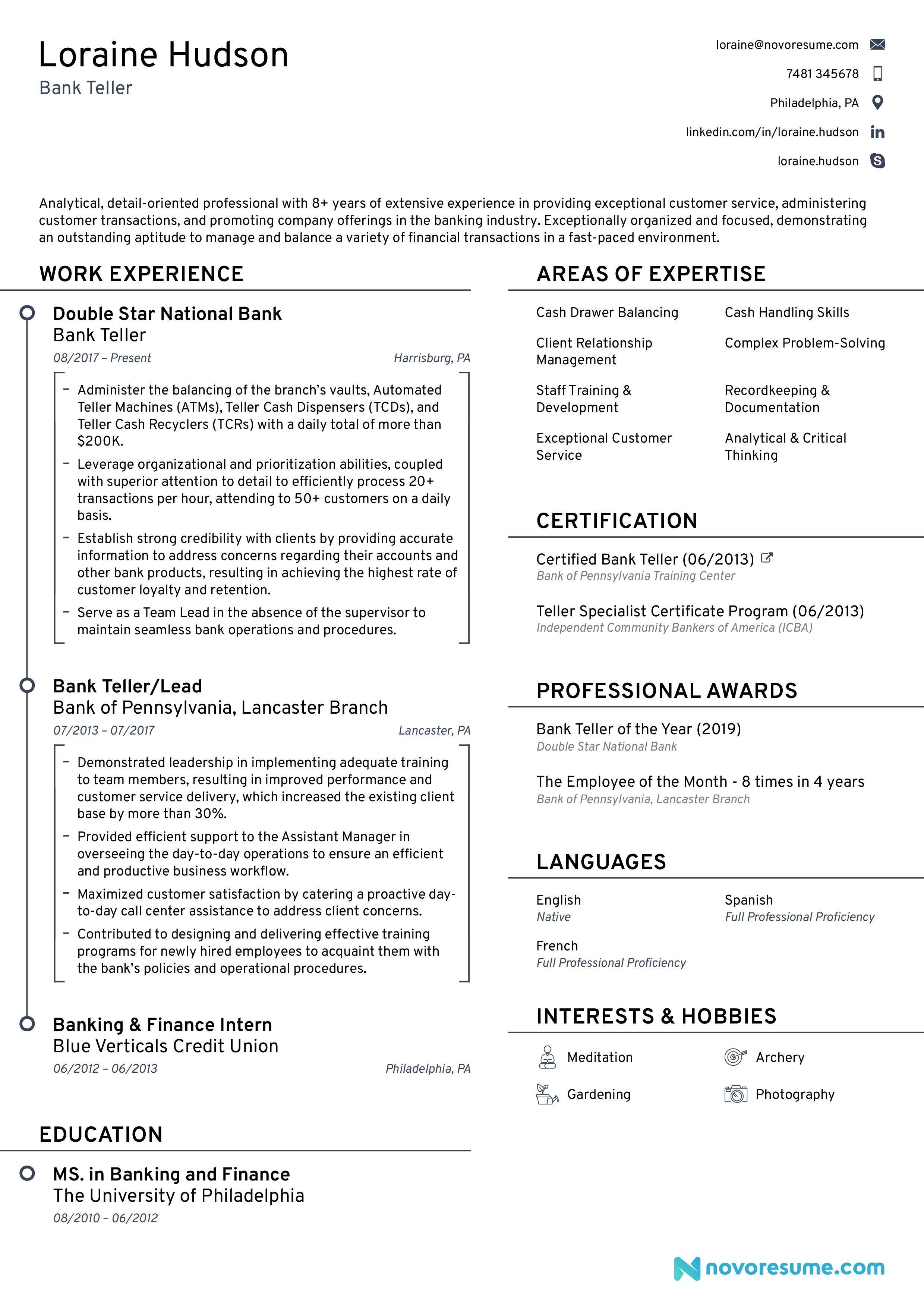 Download Free Bank Teller Resume Docx Word Template On 