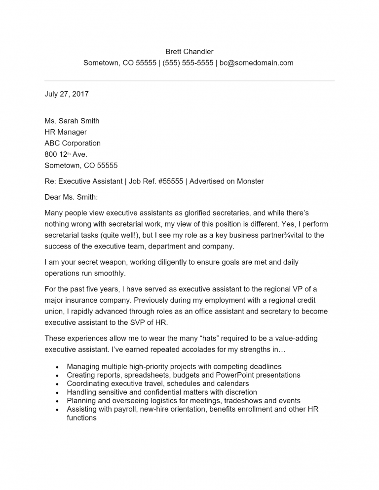 Free Executive Assistant Cover Letter Template & Example on ...