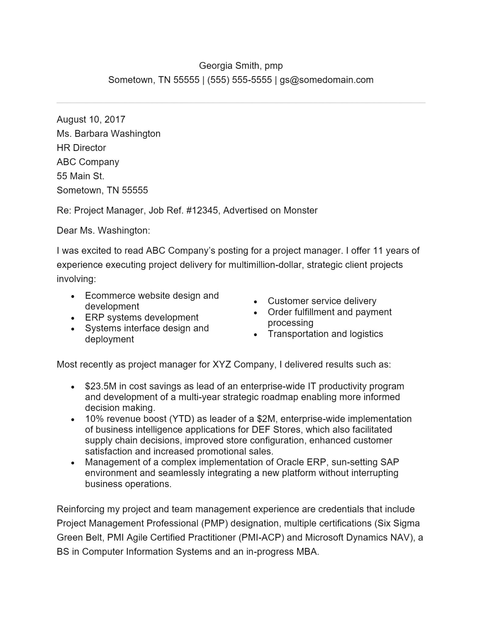 Free Project Manager Cover Letter Template & Example on ResumeThatWorks.com