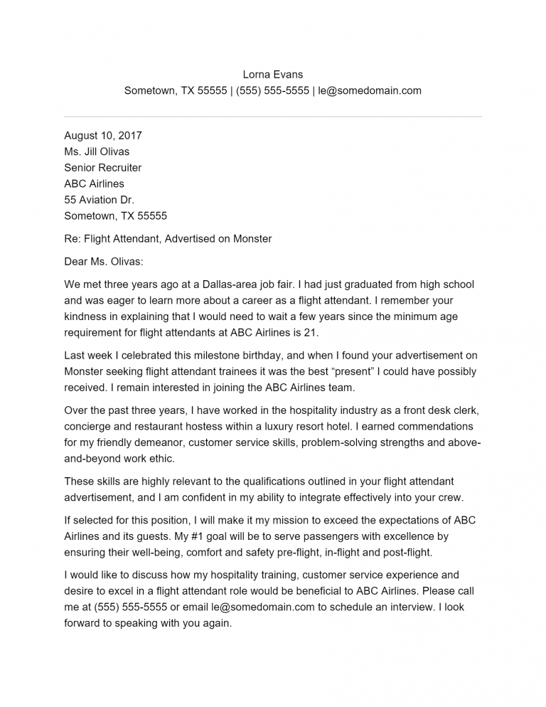 Free Flight Attendant Cover Letter Template & Example on ...