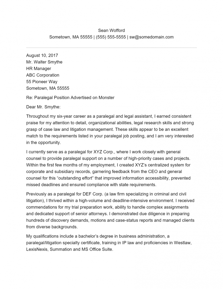 Free Paralegal Cover Letter Template & Example on ResumeThatWorks.com