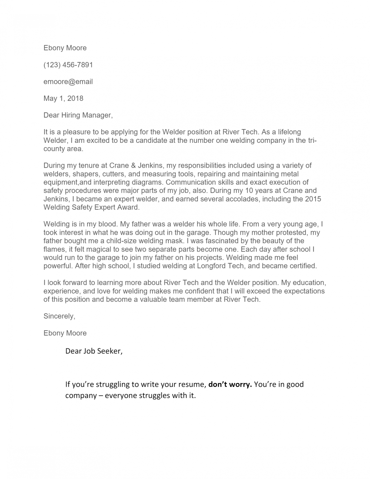 Free Welder Cover Letter Template & Example on ResumeThatWorks.com