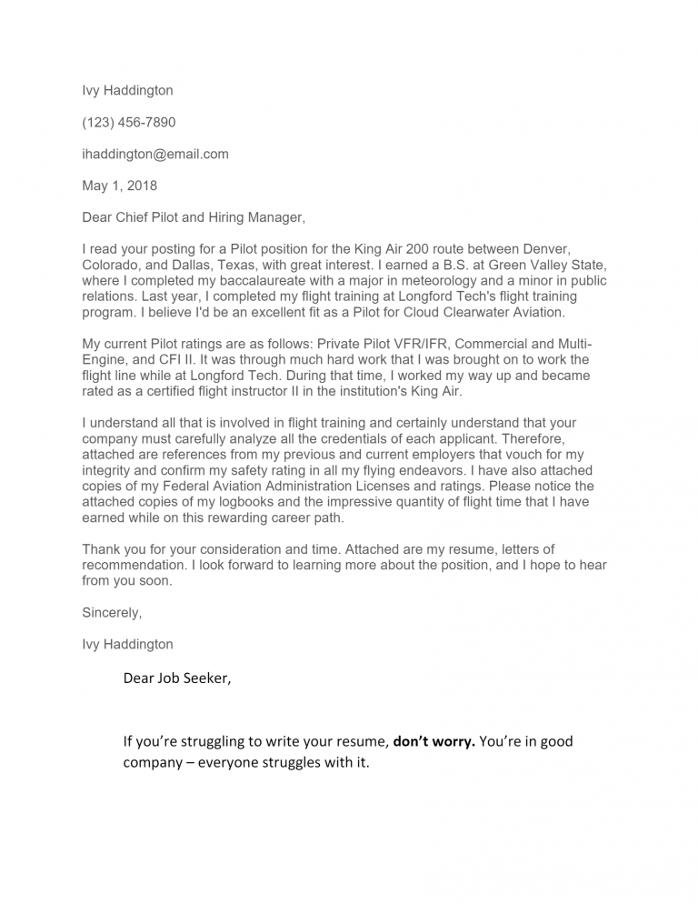 Free Pilot Cover Letter Template & Example on ResumeThatWorks.com