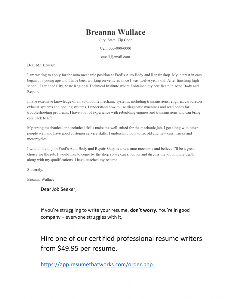 Free Mechanic Cover Letter Template & Example on ResumeThatWorks.com