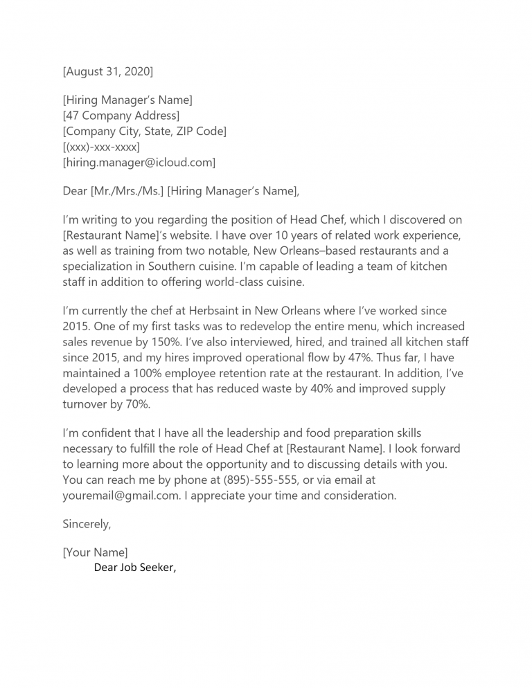 Free Chef Cover Letter Template & Example on ResumeThatWorks.com