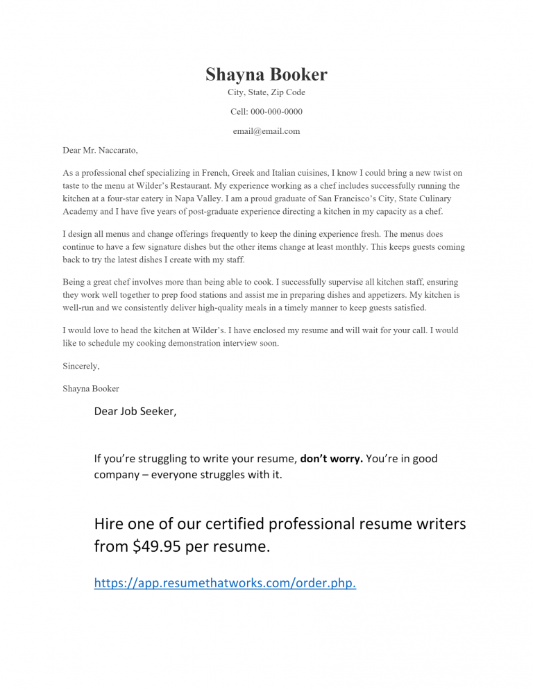 Free Chef Cover Letter Template & Example on ResumeThatWorks.com