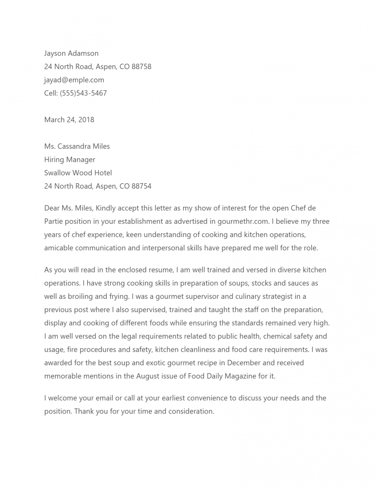 Free Chef Cover Letter Template & Example on ResumeThatWorks.com