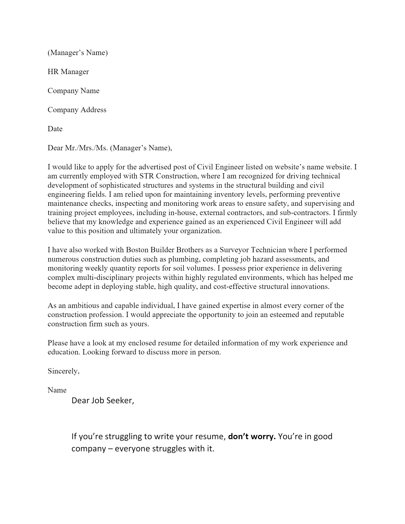 Free Civil Engineer Cover Letter Template Example On ResumeThatWorks
