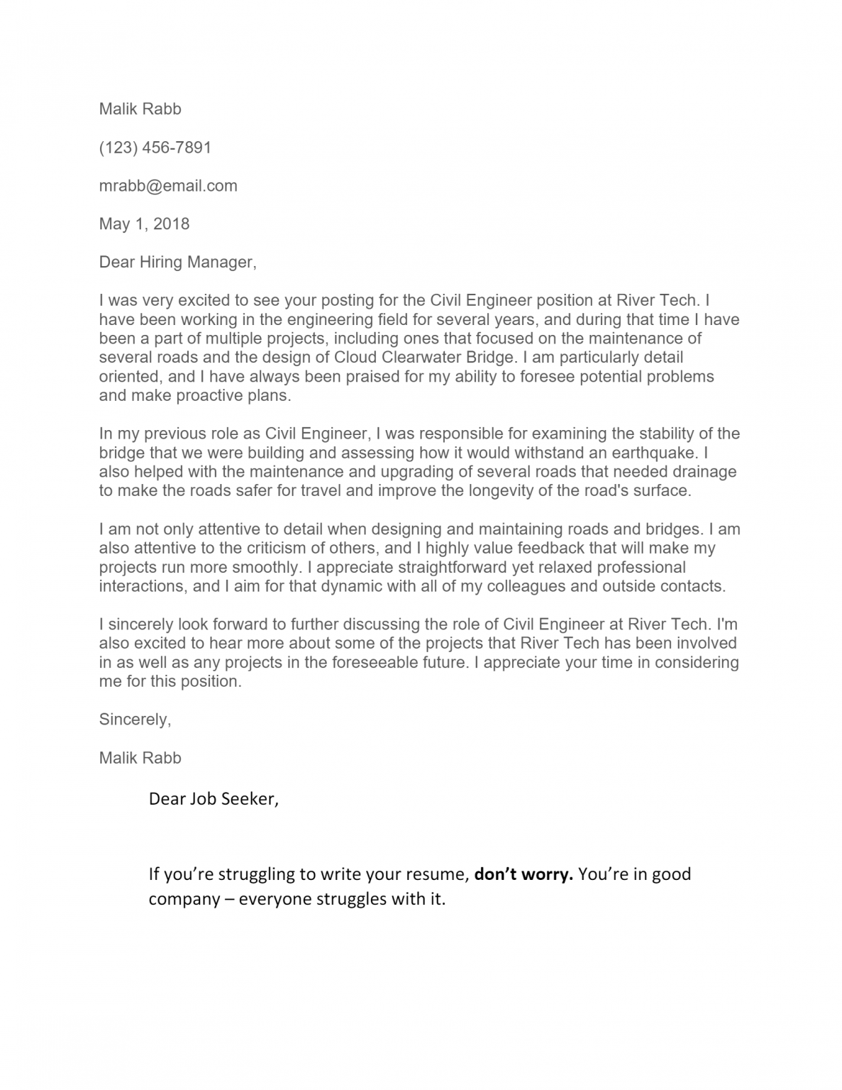Free Civil Engineer Cover Letter Template & Example on ResumeThatWorks.com