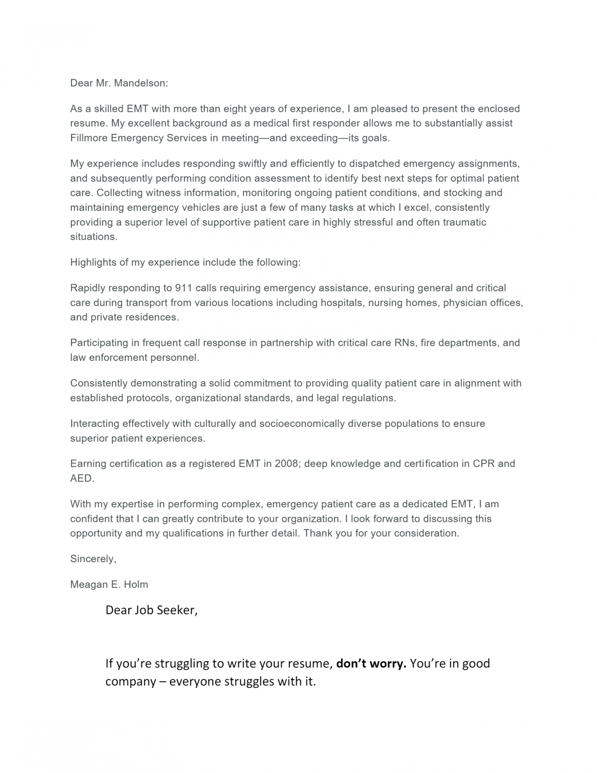 Free EMT Cover Letter Template & Example on ResumeThatWorks.com