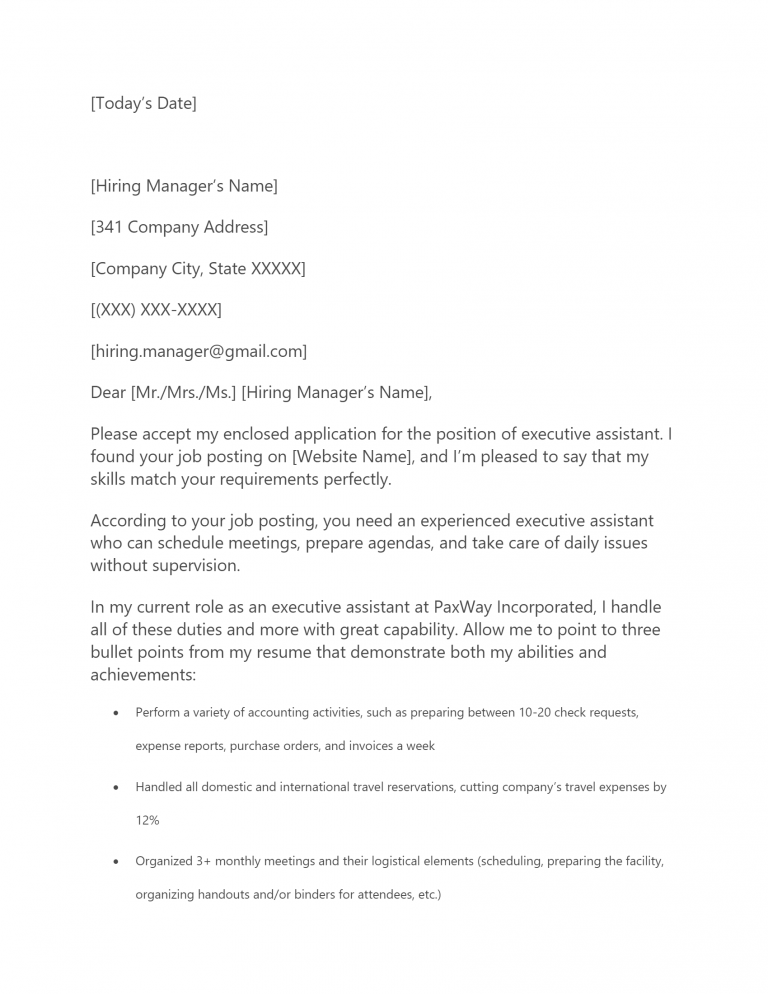 Free Executive Assistant Cover Letter Template & Example on ...