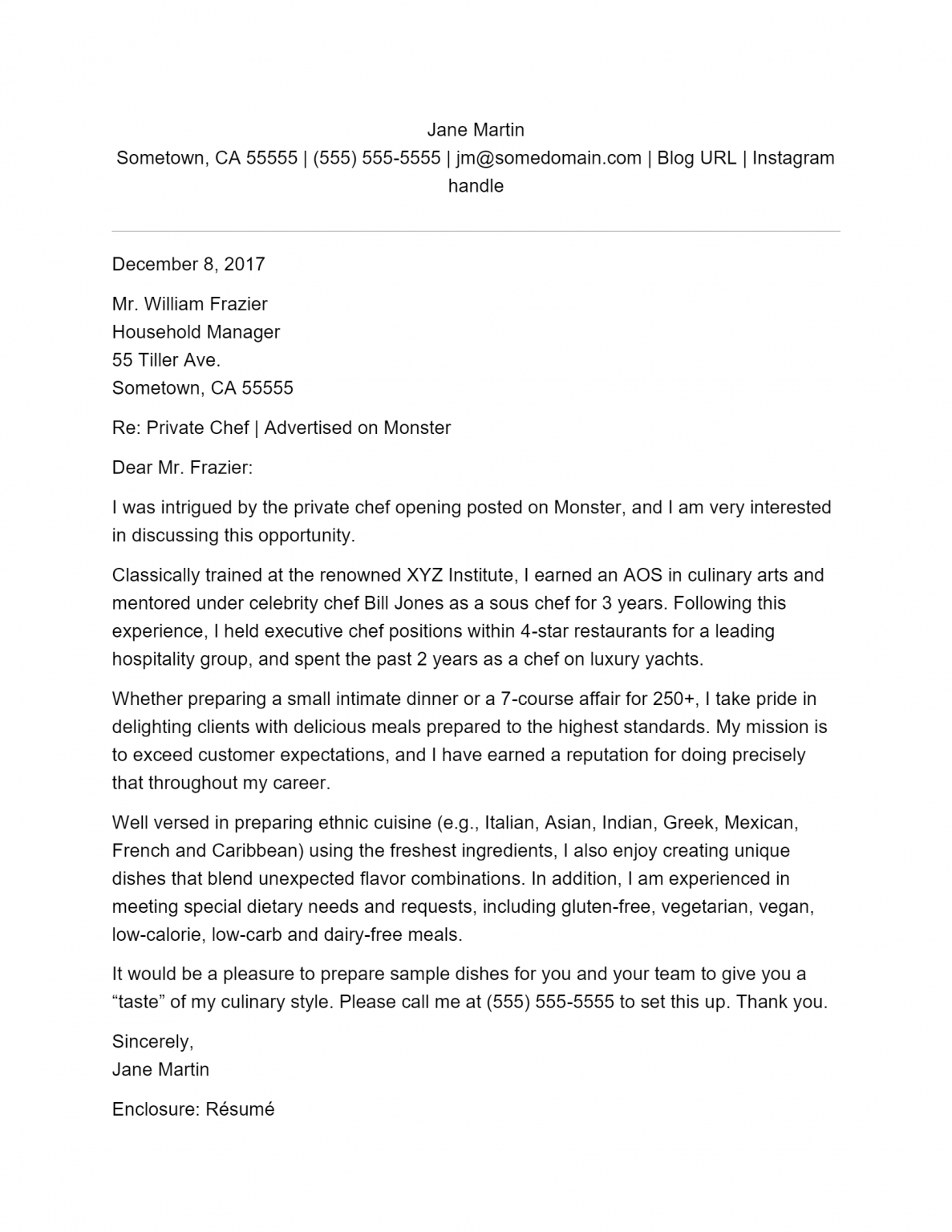 Free Chef Cover Letter Template & Example on ResumeThatWorks.com