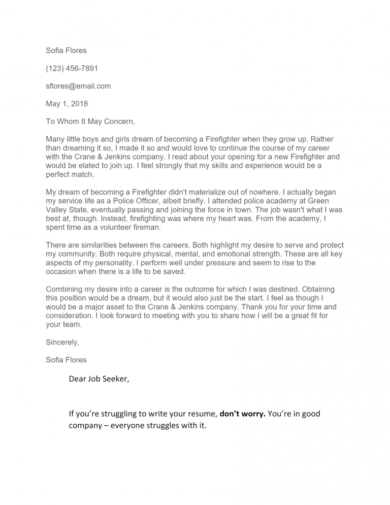Free Firefighter Cover Letter Template & Example on ResumeThatWorks.com