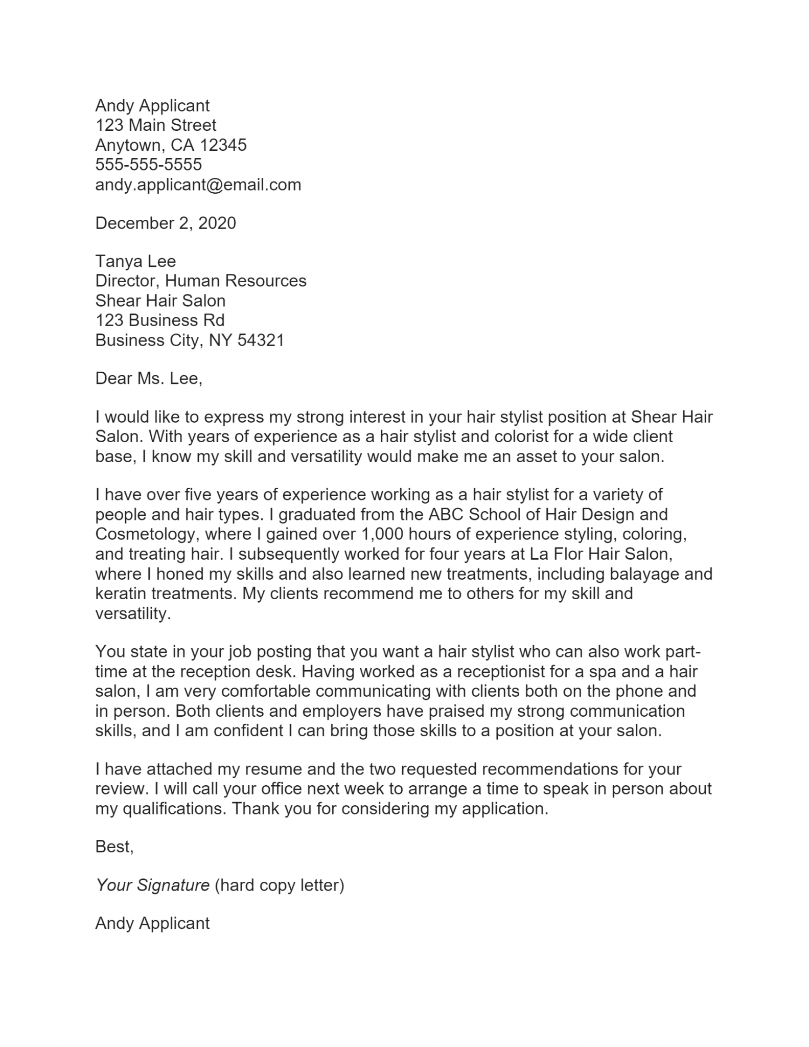 Free Hair Stylist Cover Letter Template & Example on ResumeThatWorks.com