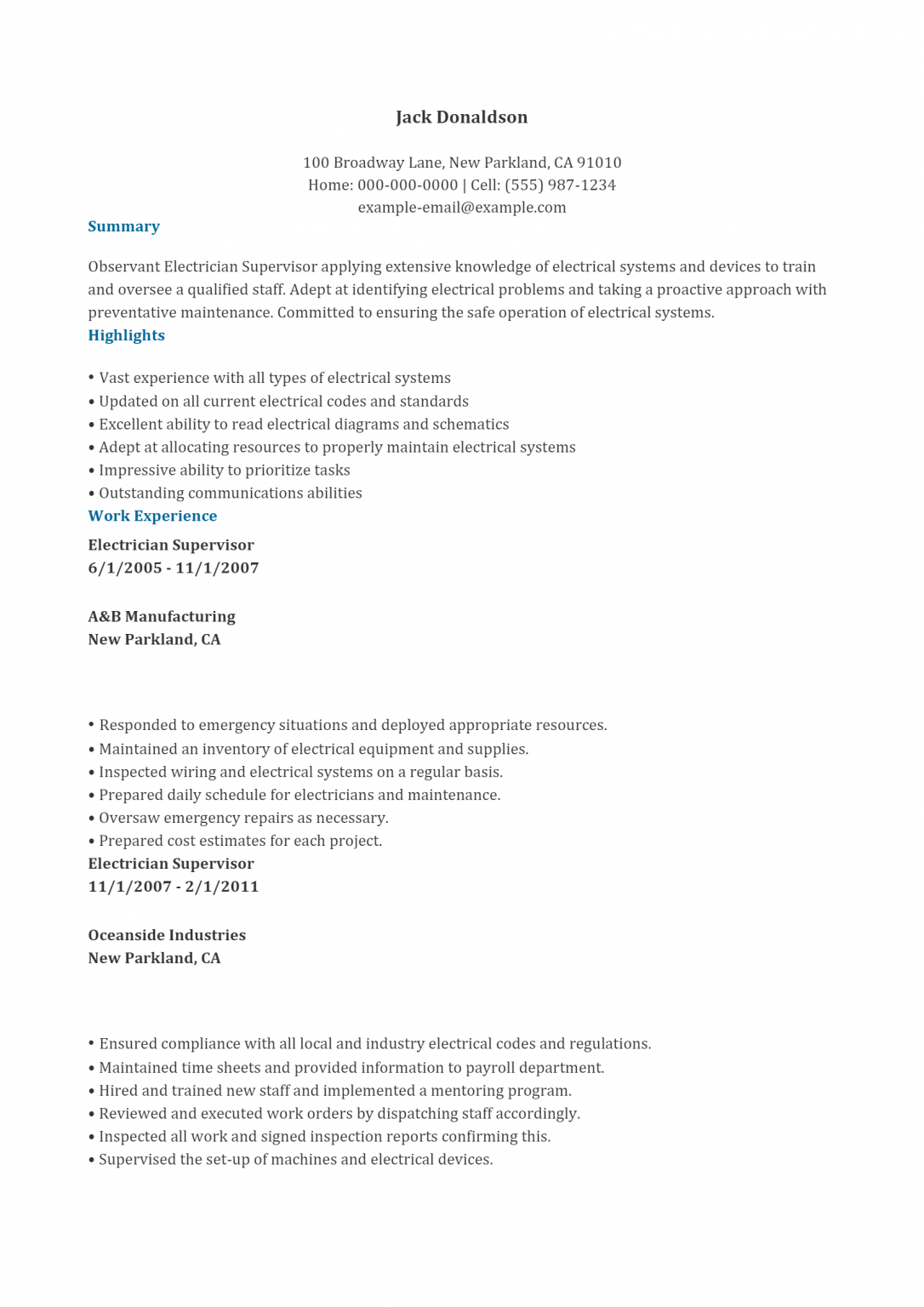 Download Free Electrician Supervisor Resume .Docx (Word) Template on ResumeThatWorks.com