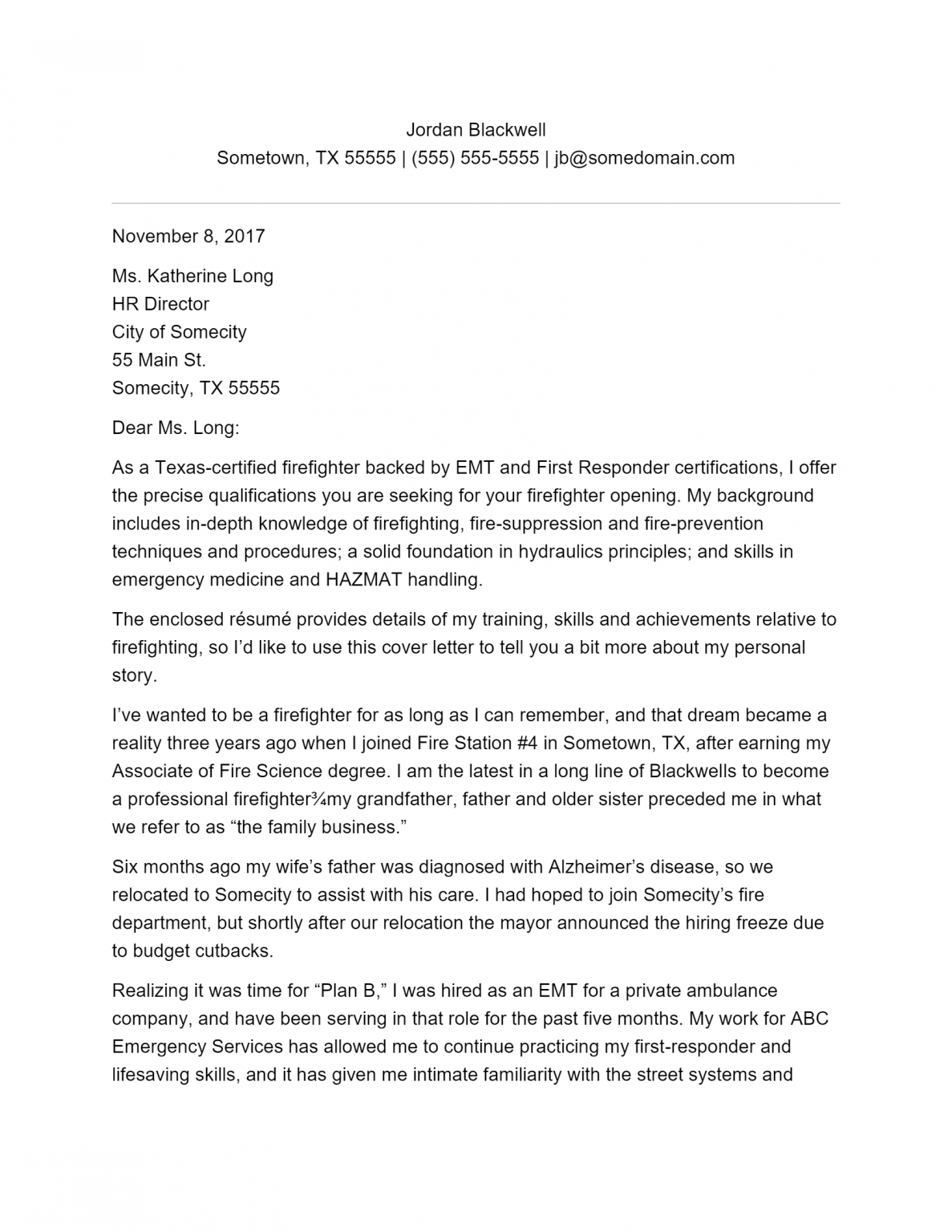 Free Firefighter Cover Letter Template & Example on ResumeThatWorks.com