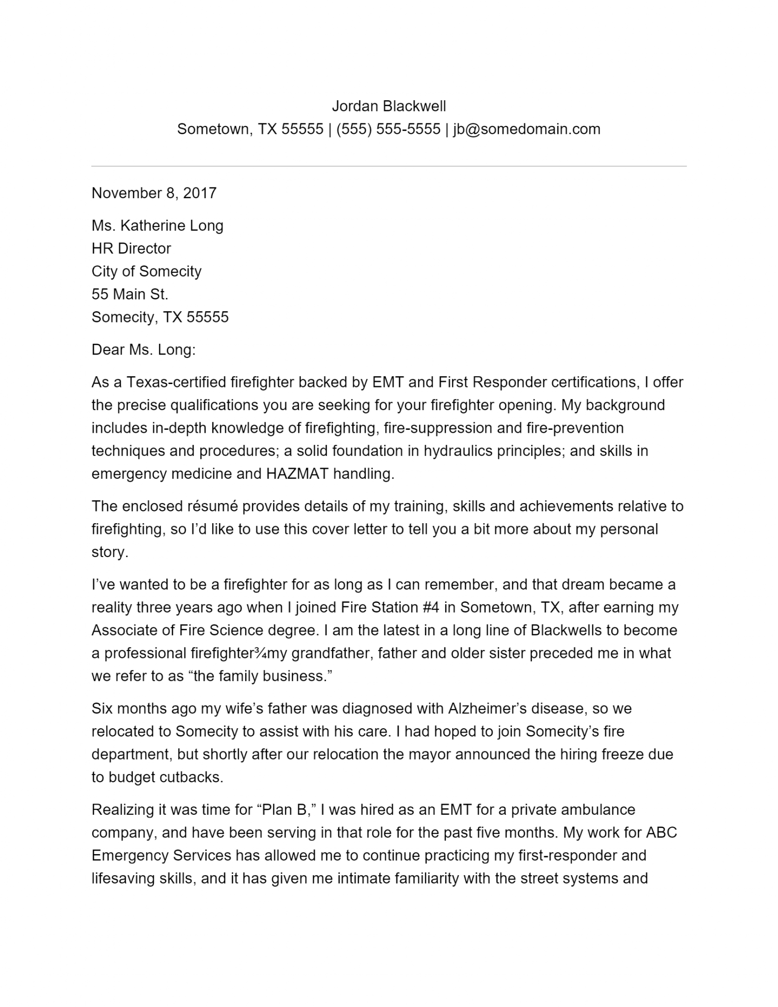 Free Firefighter Cover Letter Template & Example on ResumeThatWorks.com