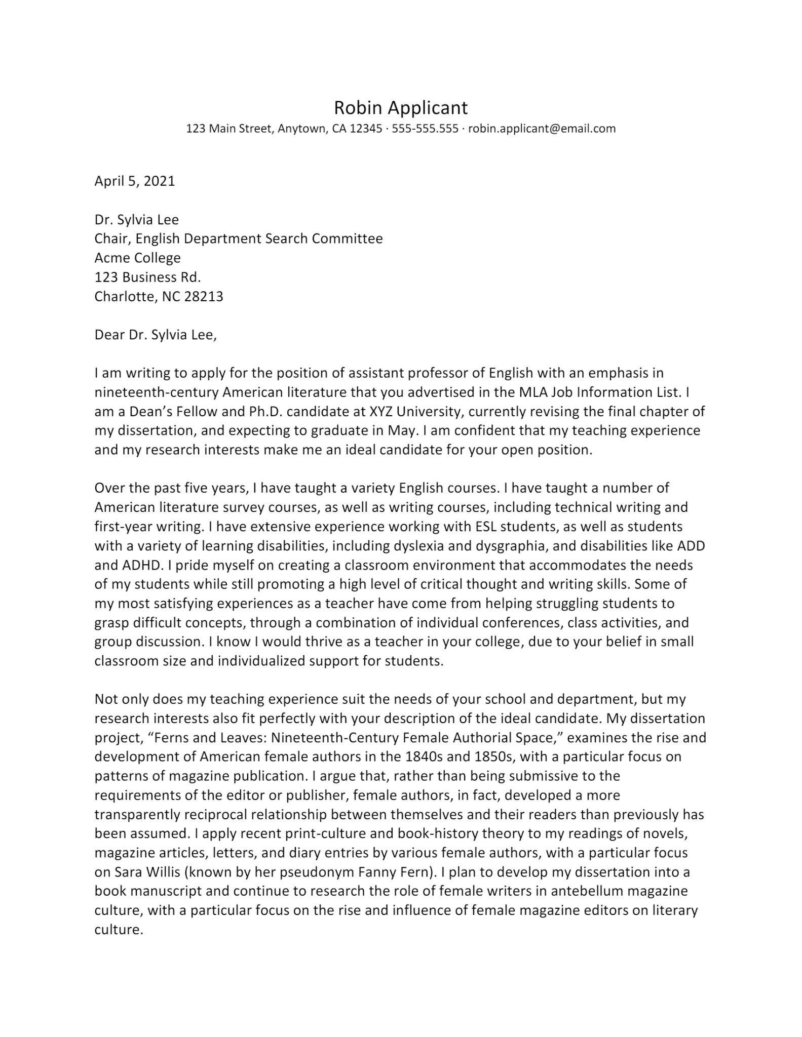 Free Assistant Professor Cover Letter Template & Example on ...
