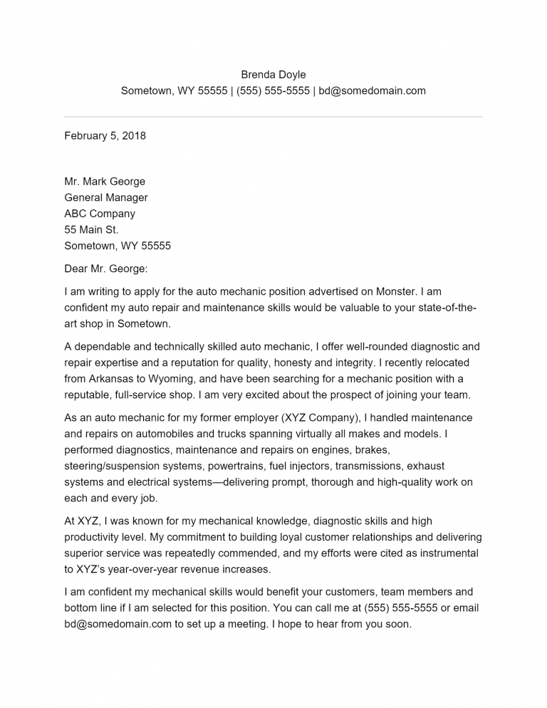 Free Mechanic Cover Letter Template & Example on ResumeThatWorks.com