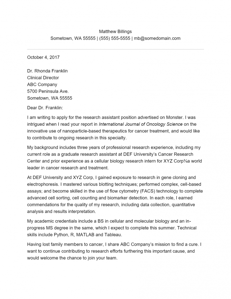 Free Research Assistant Cover Letter Template & Example on ...
