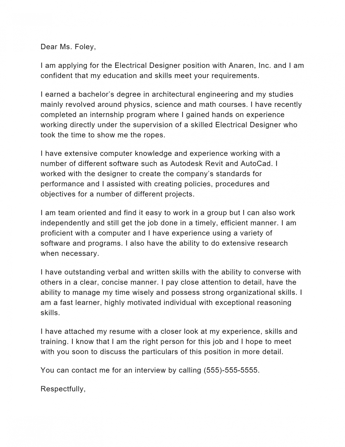 Free Electrical Engineer Cover Letter Template & Example on ...
